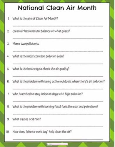 National Clean Air Month Reading Comprehension Worksheets | TPT
