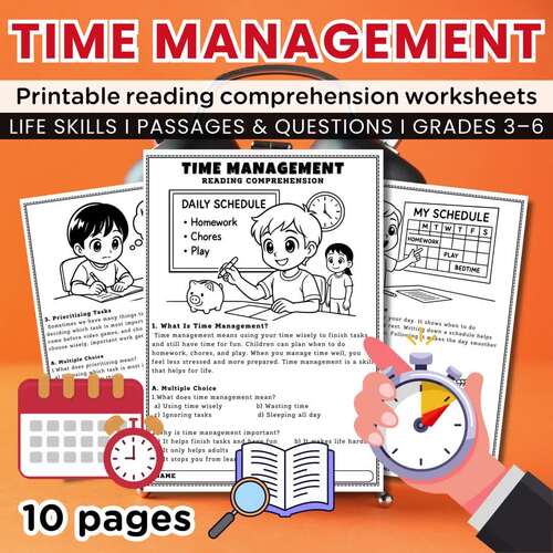 Time Management Reading Comprehension Worksheets, SEL Passages with ...