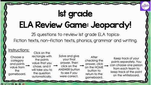 1st grade End of Year or 2nd grade Beginning of Year ELA Review Game ...