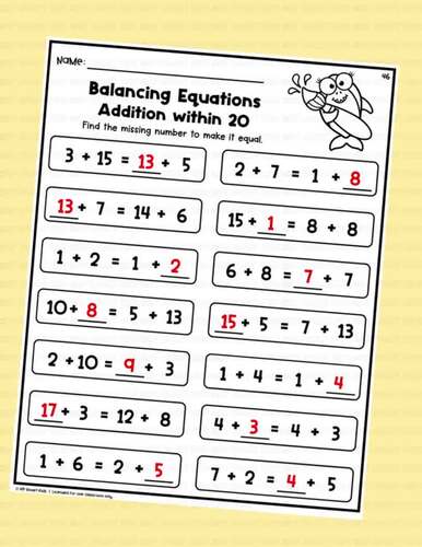 Balancing Equations Addition to 20 Summer School Shark Math Worksheets ...