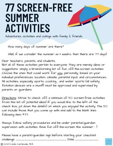 Screen-Free Summer Activities Checklist: Middle School ELA Paragraph ...