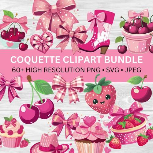 Cute Coquette Clipart BUNDLE, Pink Bows, Hearts, Cherries, Fruit PNG ...