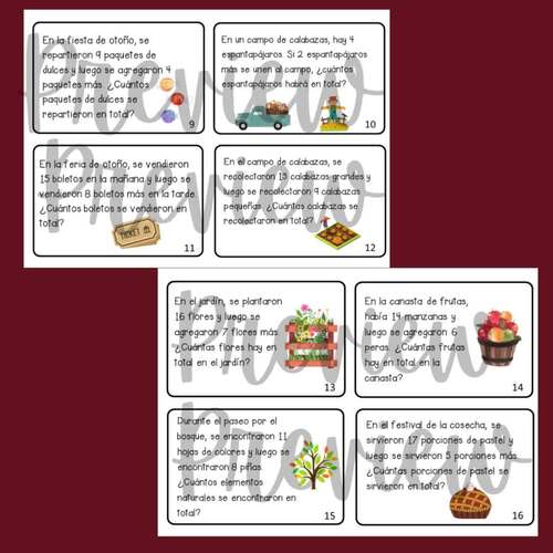 Fall Addition Word Problems in Spanish Problemas de cuento sumas - Otoño