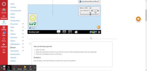 PhET Bending Light Simulation Self-Grading Canvas Assignment/Digital Lab