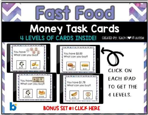 Counting Money Task Card Activities: Fast Food by Teach Love Autism