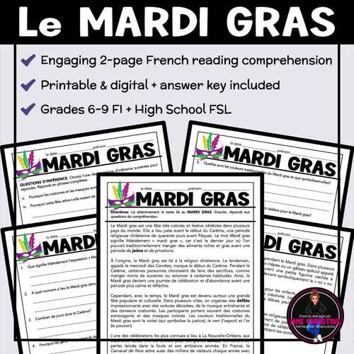 French Reading Comprehension | Mardi Gras | Lecture FI & FSL | TPT