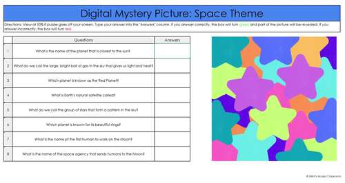 Digital Excel Mystery Picture for Grade 3 | Science Space Theme | TPT
