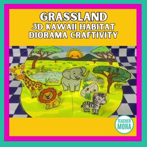 Grassland/Savanna Habitat Craft + Worksheets | 3D Kawaii Ecosystem Diorama