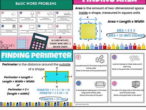 Finding Area OR Perimeter Task Cards, Games, Basic Word Problems ...