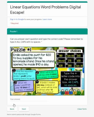 Writing Linear Equations Word Problems Digital Math Escape Room Activity