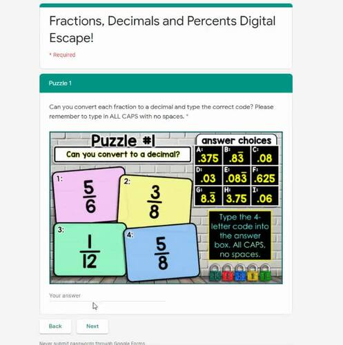 Converting Fractions, Decimals and Percents Digital Math Escape Room ...
