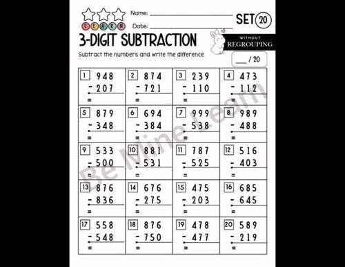 3 Digit Subtraction No Regrouping | Subtracting 3-Digit Numbers | with ...