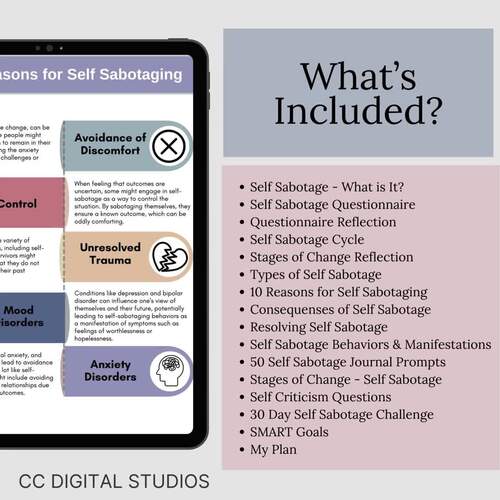 Self Sabotage Workbook, Inner Critic Therapy Worksheets, Self Love Journal