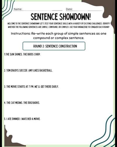 Sentence Structure Worksheets | Simple Compound Complex Sentences | Quiz