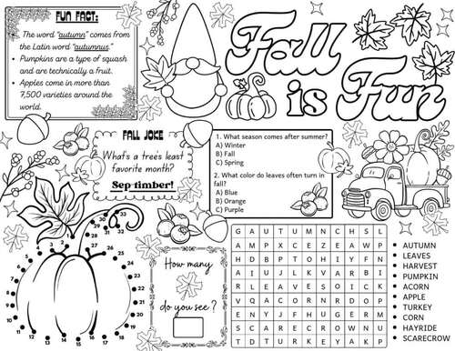 Fall Activity Placemats, Printable Thanksgiving Games for Kids, Autumn ...