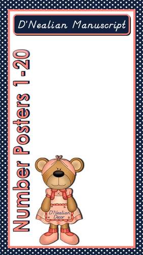 D'NEALIAN MANUSCRIPT NUMBERS POSTERS 0-20 Coral Navy Cardinal Ordinal ...