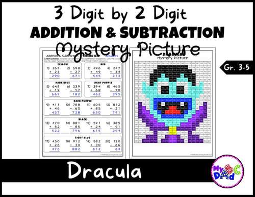3 Digit by 2 Digit Addition and Subtraction Mystery Picture Dracula