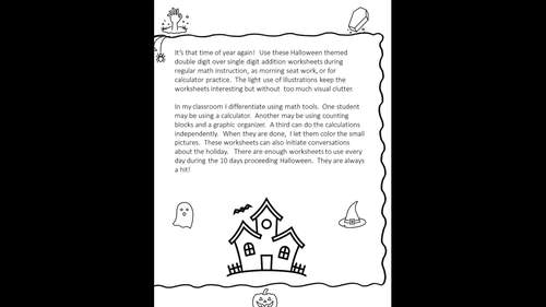 Halloween Themed- 10 double digit over single digit addition worksheets
