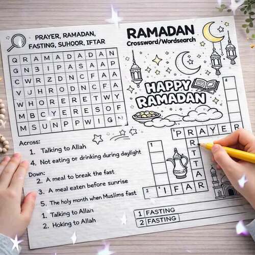 Ramadan Crossword & Word Search Worksheets, Islamic Vocabulary Puzzles ...