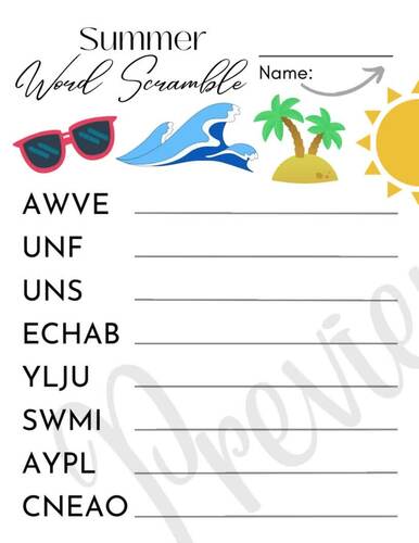 Summer Word Scramble and Answer Key for Early Finishers Beach Summer ...