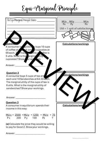 Economics worksheet | The Equi-marginal Principle | Consumer behaviour