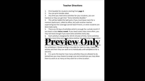 Core French Grade 1-4 Extra Activities/Bell Work September Booklet