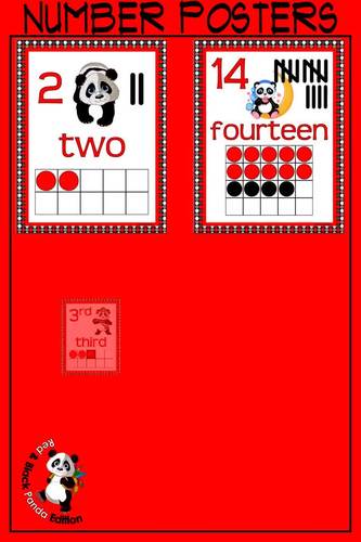 NUMBER POSTERS 0-20 Cardinal Ordinal Panda Theme Classroom Decor Red Black