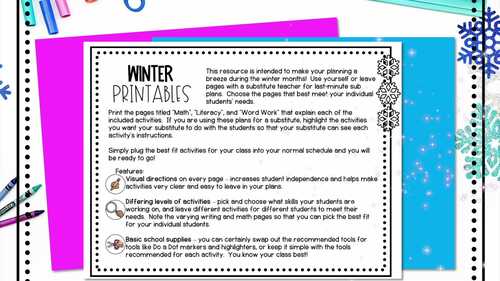 Winter No Prep Printables, January math + literacy, emergency sub plan ...