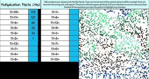 Multiplication Facts 11 Pixel Art by Pick Up and Go Resources | TpT