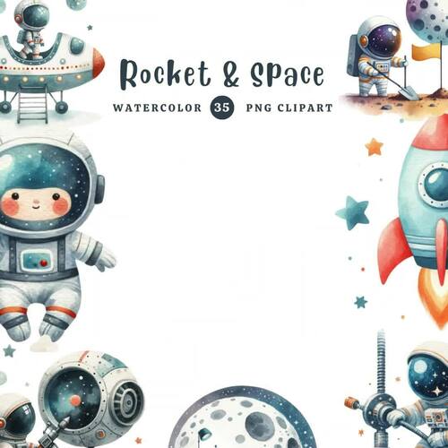 Rocket & Space Watercolor Clipart PNG by Adorable Clipart | TPT