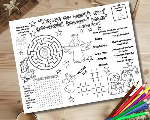 Christmas Activity Coloring Placemat, Sunday School Nativity Bible Craft
