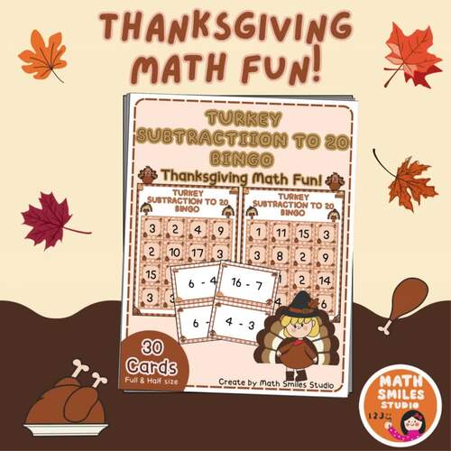 Turkey Subtraction to 20 Bingo (4x4) | Thanksgiving Math Game | 1st-2nd ...