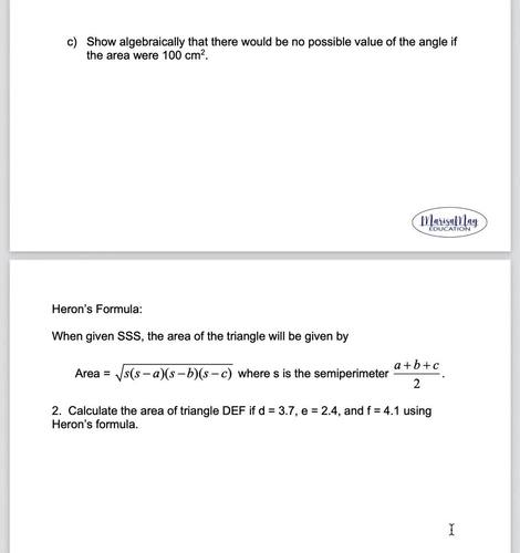 Precalculus Triangles Unit- Area of a Triangle (Trigonometry) Lesson ...