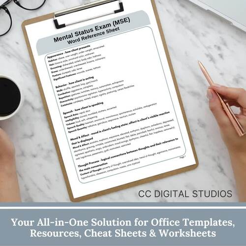 Mental Status Exam Reference Sheet, Therapist Office Cheat Sheet ...