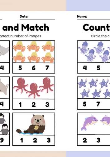 Kindergarten & PreK Counting and Matching Math Worksheets | Count and ...