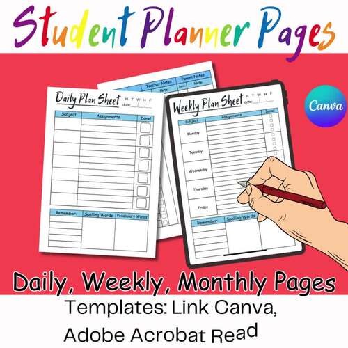 Editable Student Planner: Daily, Weekly, Monthly Pages - Canva Template