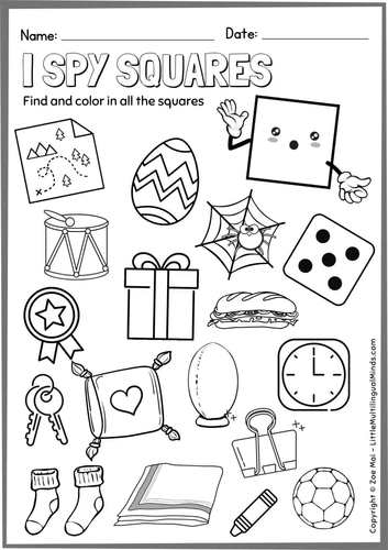 Kindergarten 2D Shapes Worksheet: SQUARE - Shape Sort, Shape Hunt, Math ...