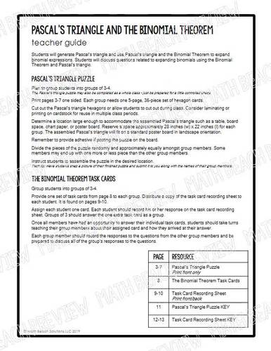 Pascal's Triangle Puzzle and Binomial Theorem Task Cards | TPT