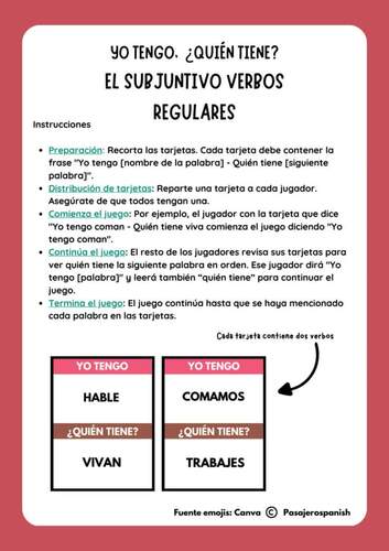 Spanish Vocab Game | Subjuntivo Verbos Regulares | Yo tengo, ¿Quién tiene?