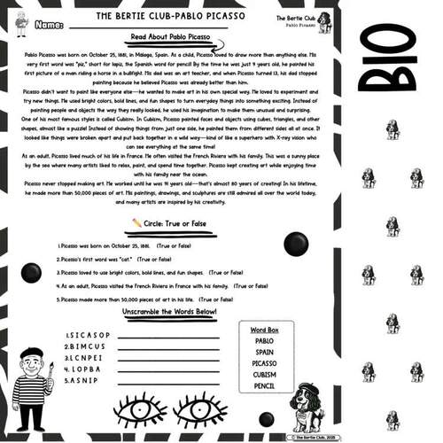 Pablo Picasso Art Packet | Cubism Artist Activities | Print & Go Art ...