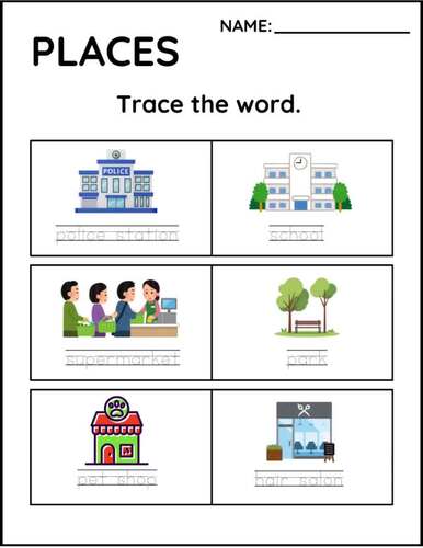 Places Vocabulary Worksheets | Tracing, Writing & Matching | Grade 1–2 PDF