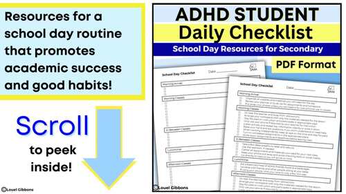 ADHD Student Checklists School Day Daily Routine Secondary Grades 7 8 9 ...