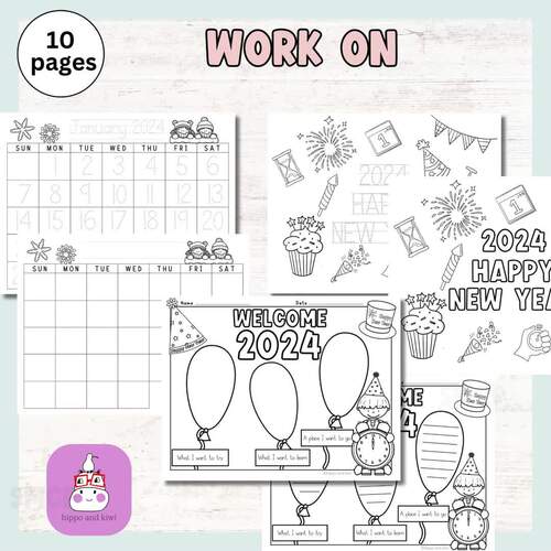 2024 New year Resolutions: Writing and Coloring Activity by Hippo and Kiwi