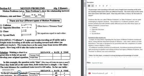 Motion Problems / Rate Problems - Algebra 1 (Notes, WS w/ Complete ...