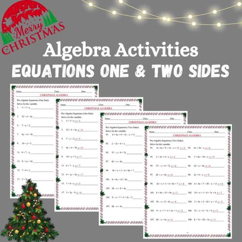 Christmas Algebra Equations Worksheets | One & Two Sides Equation Practice