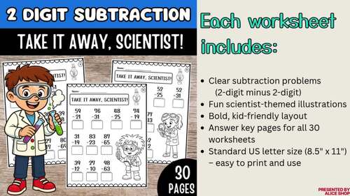 Take It Away, Scientist! – 2-Digit Subtraction Practice Worksheets