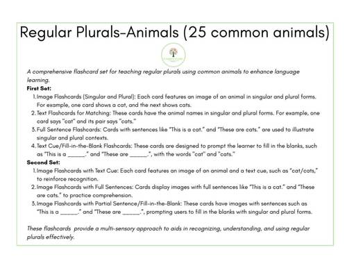 Regular Plurals-Animals Flashcard Set (25 common animals) (ABLLS-R J5)