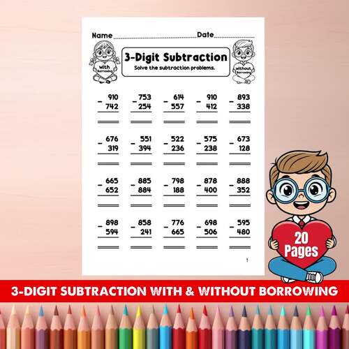 Valentine 3-Digit Subtraction Worksheets | With & Without Borrowing ...
