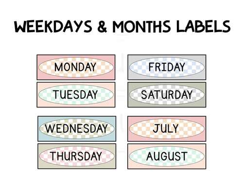 Printable Boho Checkered Weekdays and Month Labels, Classroom Labels