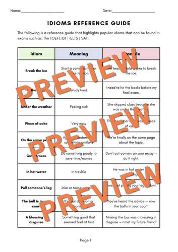 Idioms Reference Guide & Worksheet ESL Test Prep for TOEFL, IELTS, SAT
